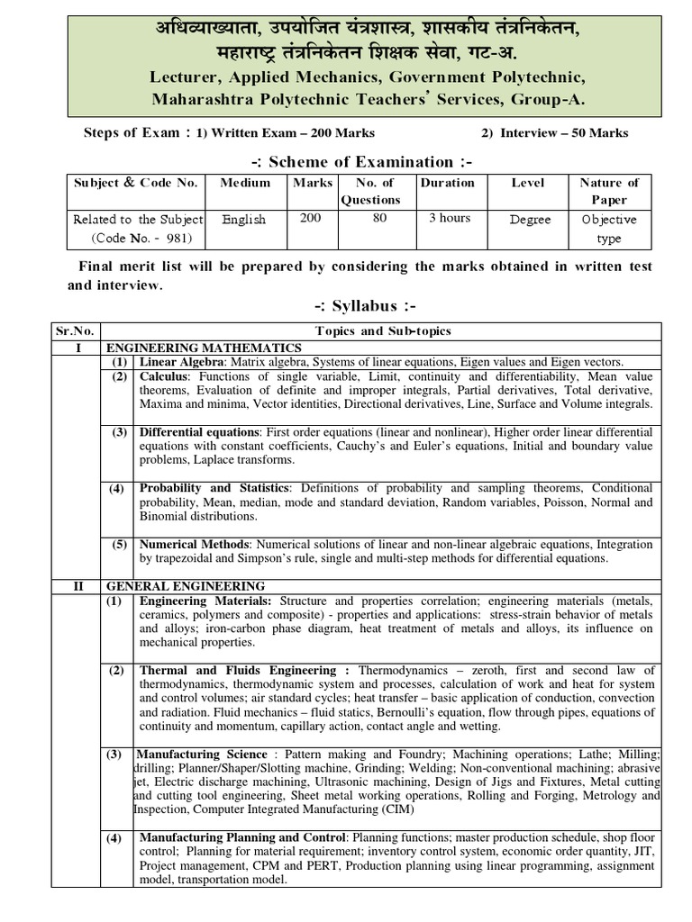 MPSC Polytechnic Lecturer Syllabus | PDF | Bending | Stress (Mechanics)