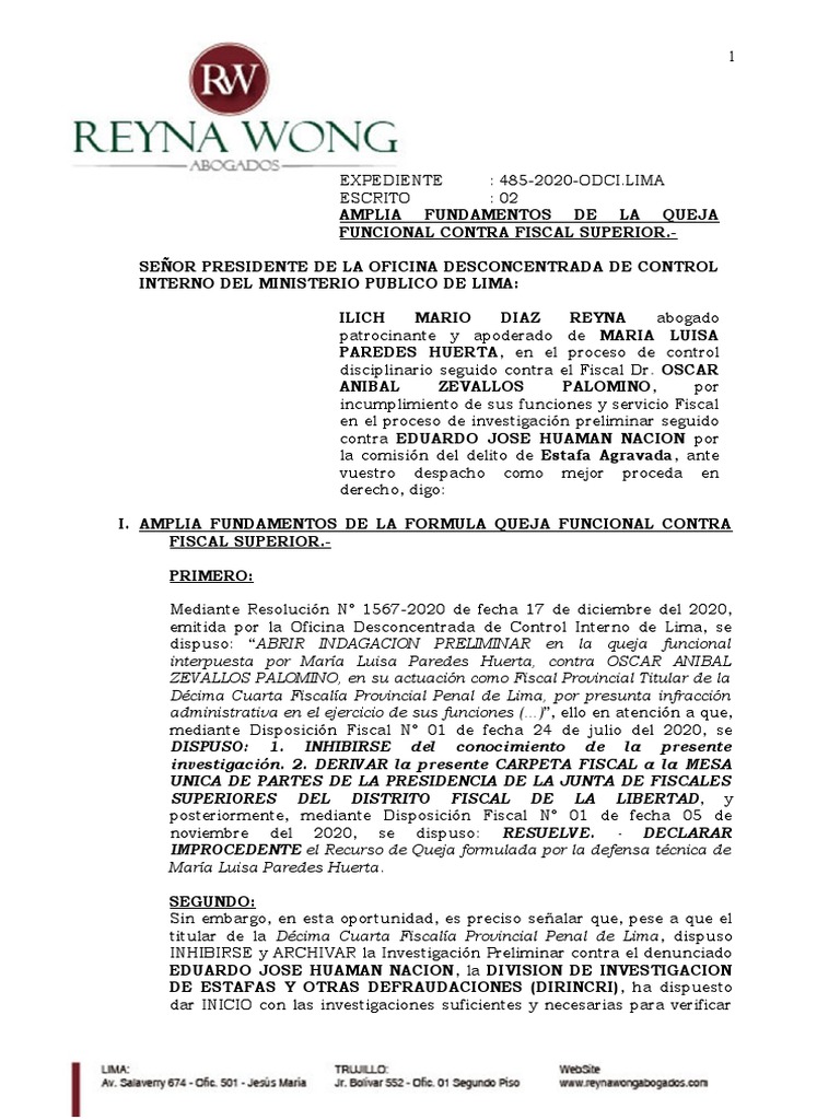 Amplia Queja Funcional Contra Fiscal + Adjunta Actos de Investigacion Dirincri + Caso Maria ...