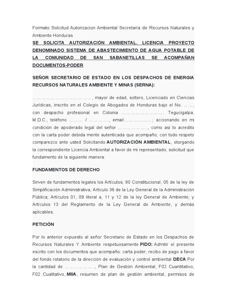Formato Solicitud Autorizacion Ambiental Secretaría de Recursos Naturales y Ambiente Honduras | PDF