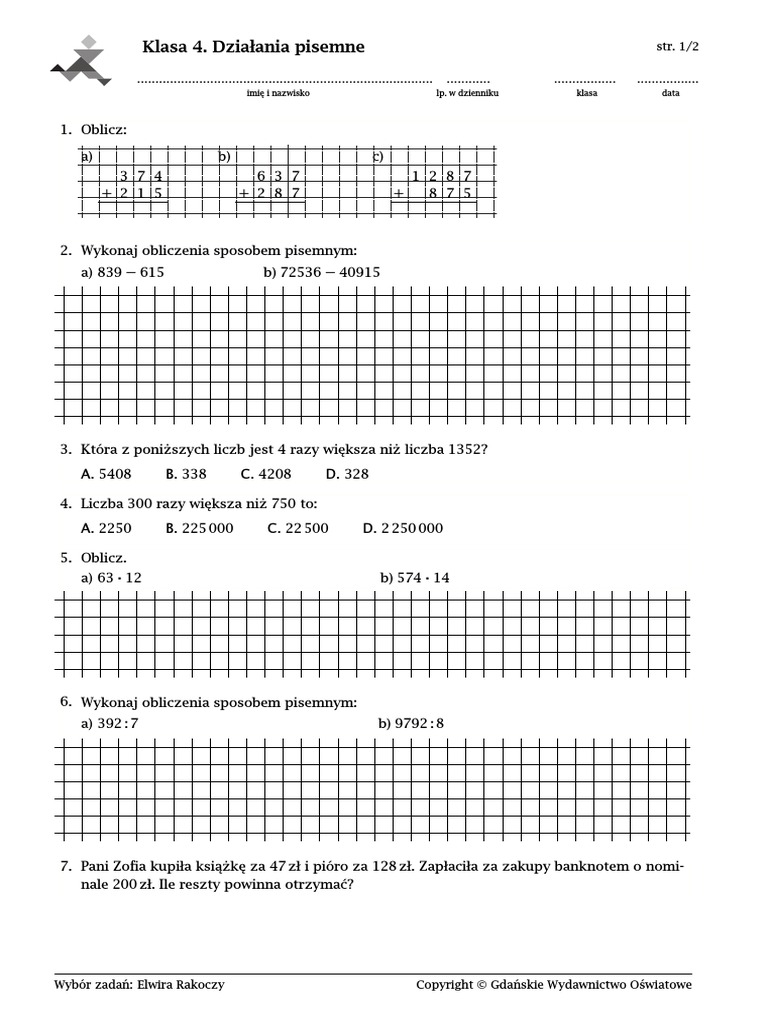 4c Działania Pisemne - Zestaw Zadań PDF | PDF