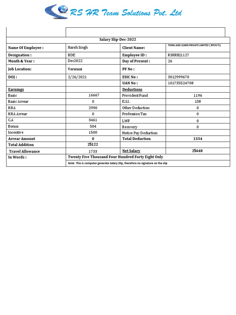 Salary Slip Dec2022 Harsh Singh RSHRBJ1127 | PDF
