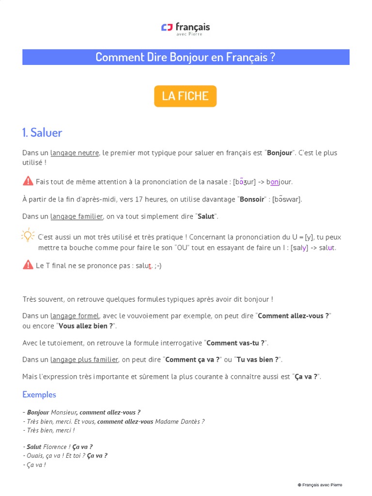 Dire Bonjour en Francais | PDF | Linguistique | Communication humaine