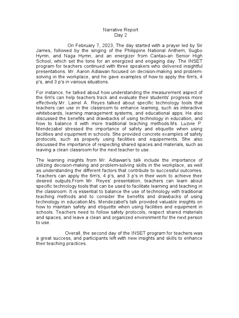 Narrative Report Day 2 | PDF | Teachers | Learning