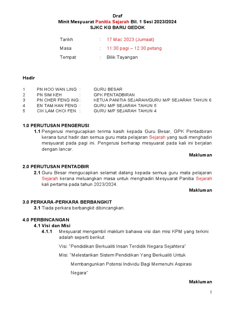 1.4 Minit Mesyuarat Bil 1 2023-Sejarah (DRAF) | PDF