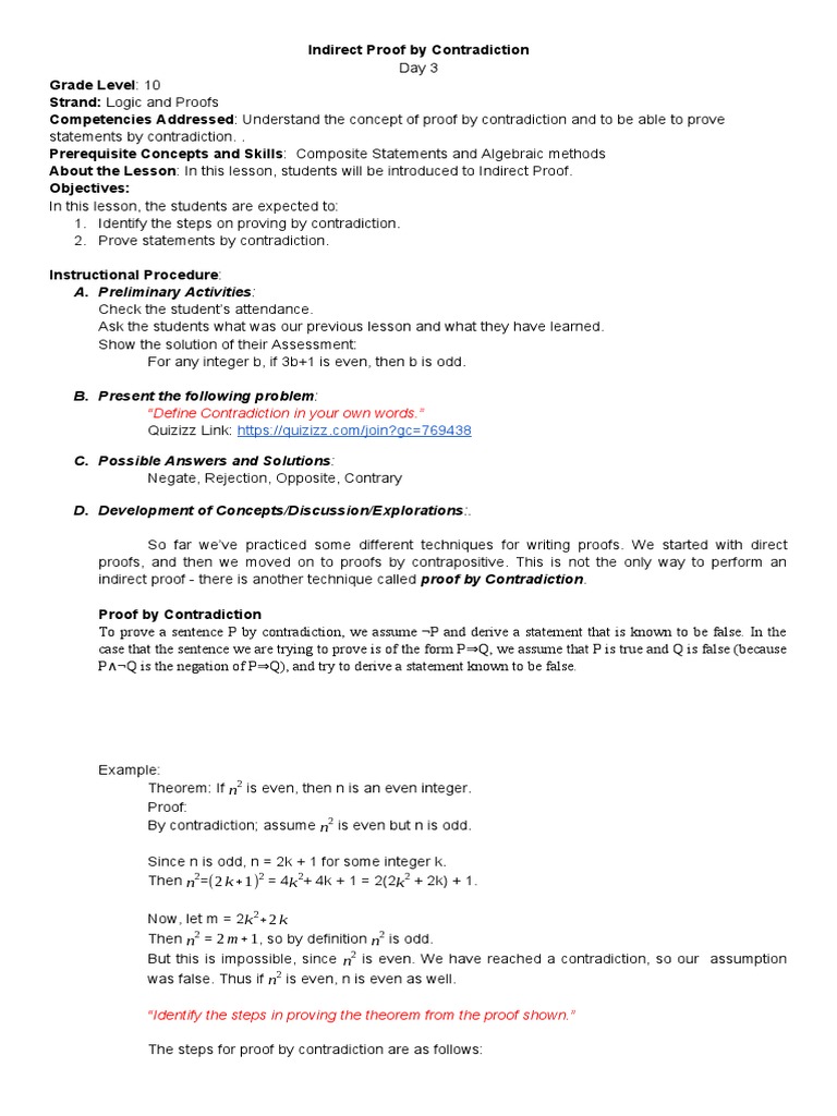 Lesson Plan G10 Day 3 Indirect Proof by Contradiction | Download Free PDF | Mathematical Proof ...