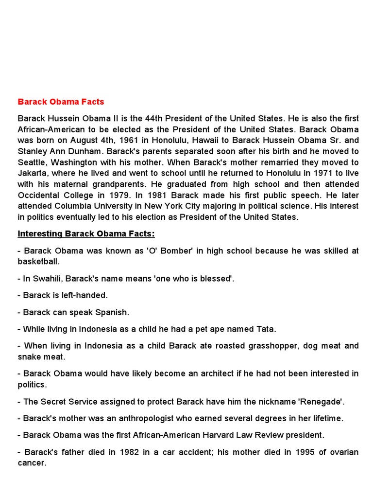 Barack Obama Facts | PDF | Barack Obama | Presidency Of The United States