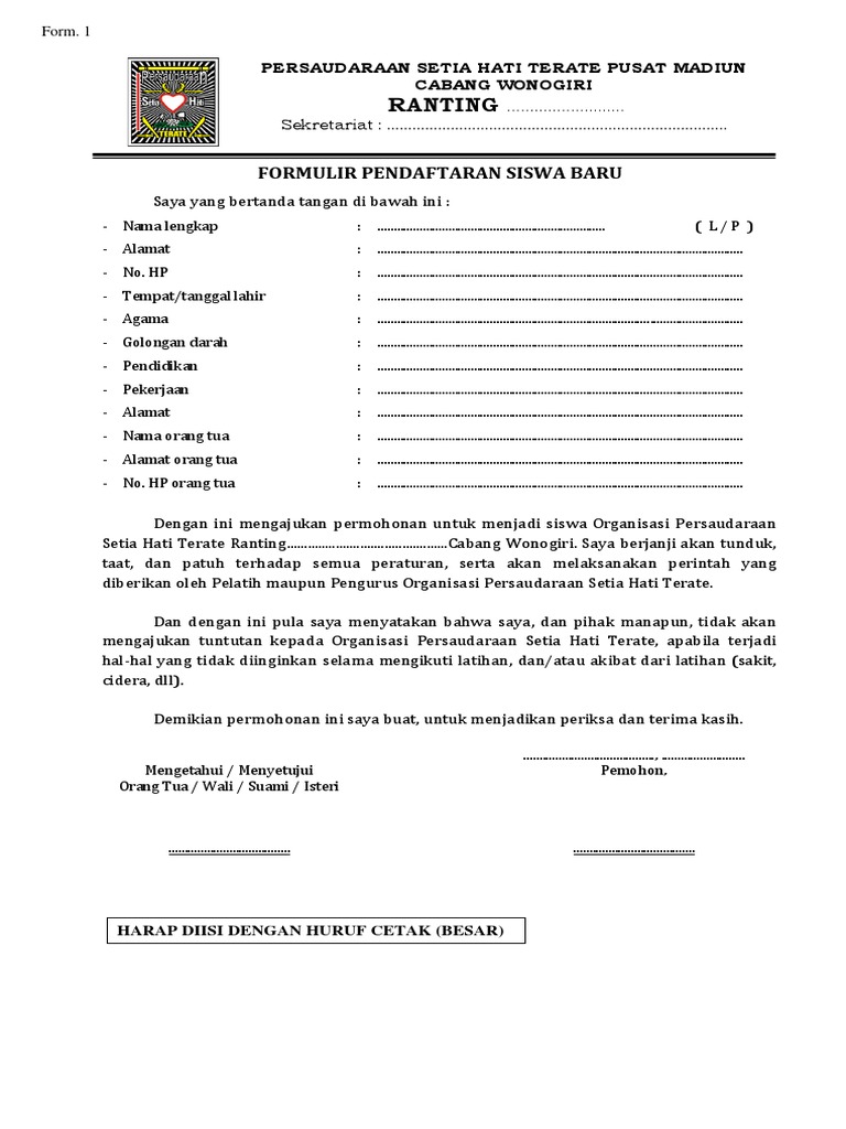 Formulir 1. Pendaftaran Siswa Baru PSHT PDF | PDF
