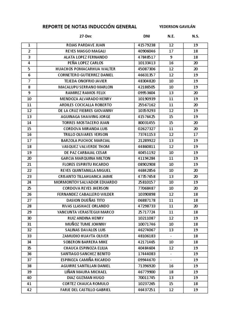 Reporte de Notas Inducción General | PDF