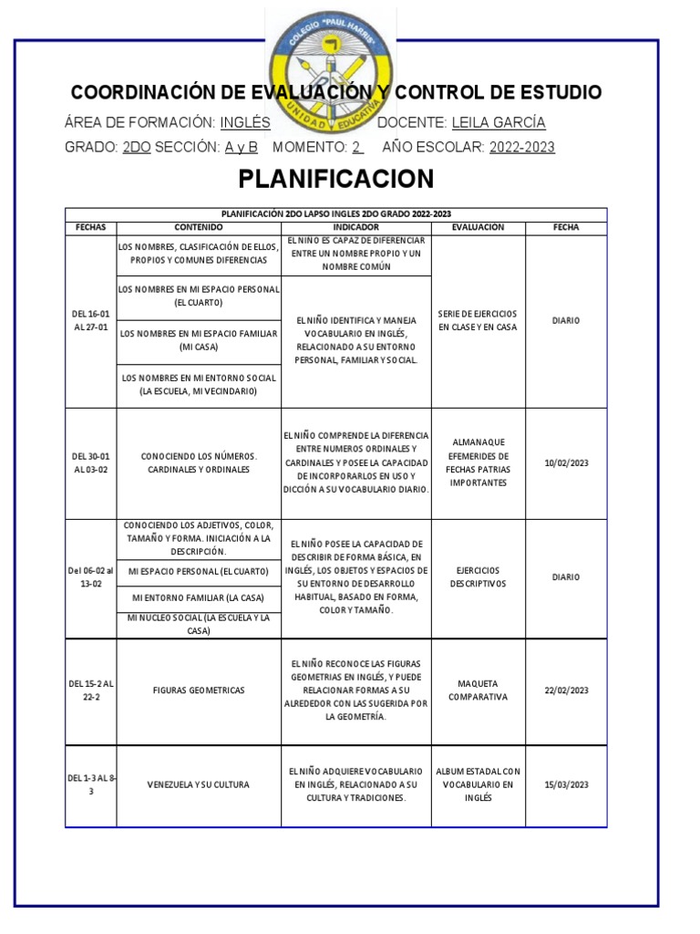 Planificacion Ingles Primaria 2do Grado 2do Lapso | PDF