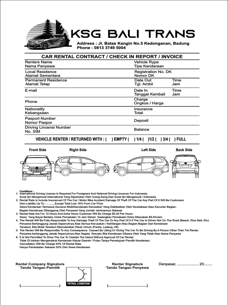 Form Persewaan Rental Mobil | PDF