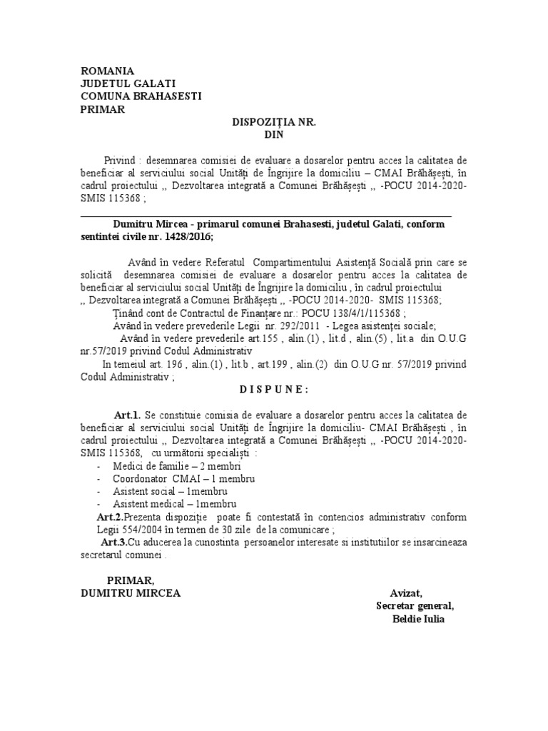 Dispozitie Desemnare Comisie de Evaluare A Beneficiarilor Serviciilor ...
