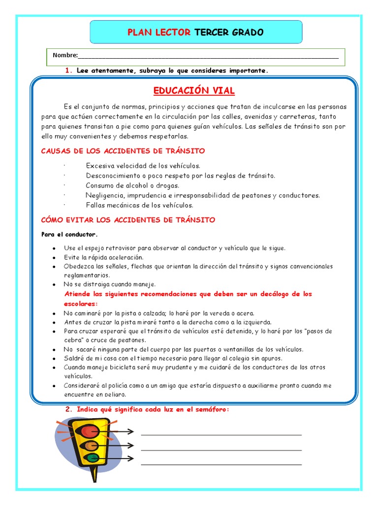 Ficha Plan Lector SEGURIDAD VIAL | PDF | Semáforo | Peatonal