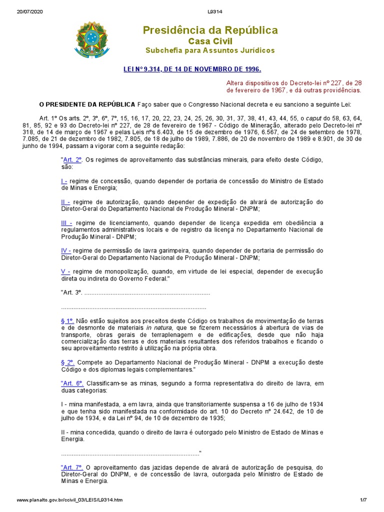 Cod. de Mineração - Lei 9314 de 14.11.1996 - Altera o CM | PDF ...