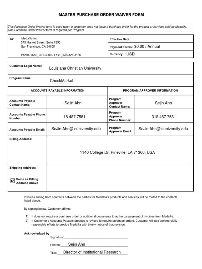 Medallia Purchase Order Waiver Form | PDF