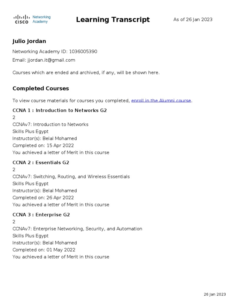 NetAcad Learning Transcript | PDF