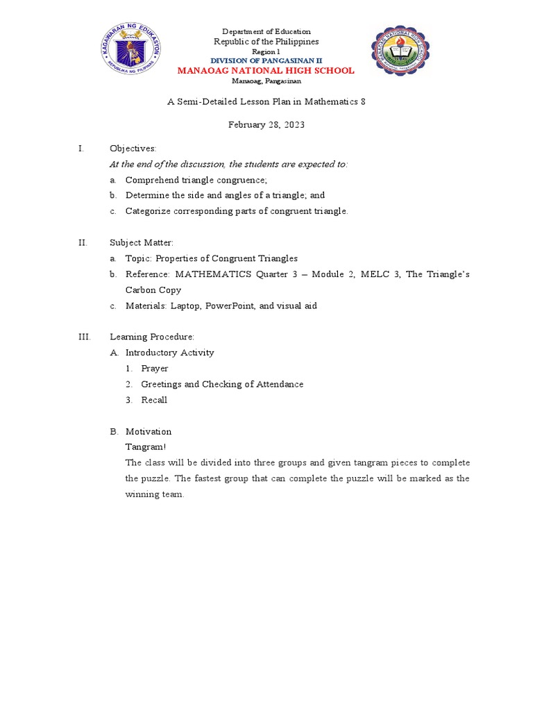 SEMI-DETAILED-LP-MATH-8 - MELC3 - Feb27 | PDF | Triangle | Euclidean ...