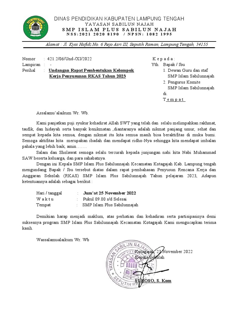 SURAT UNDANGAN RAPAT PENYUSUNAN RKAS | PDF