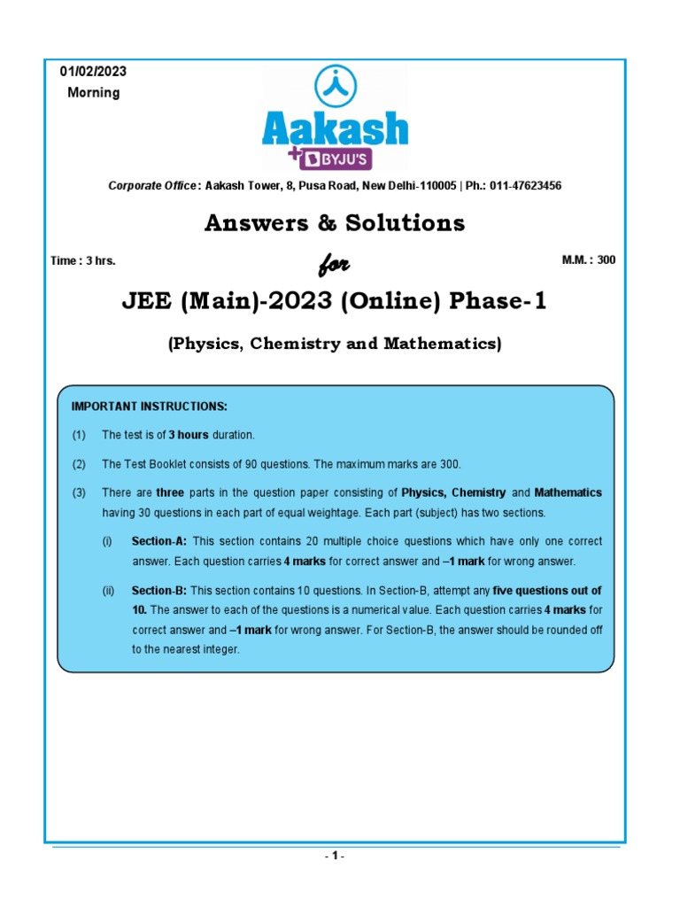 Answer and Solutions - JEE - Main 2023 - PH 1 - 01 02 2023 - Morning Shift 1 PDF | PDF | Gases ...