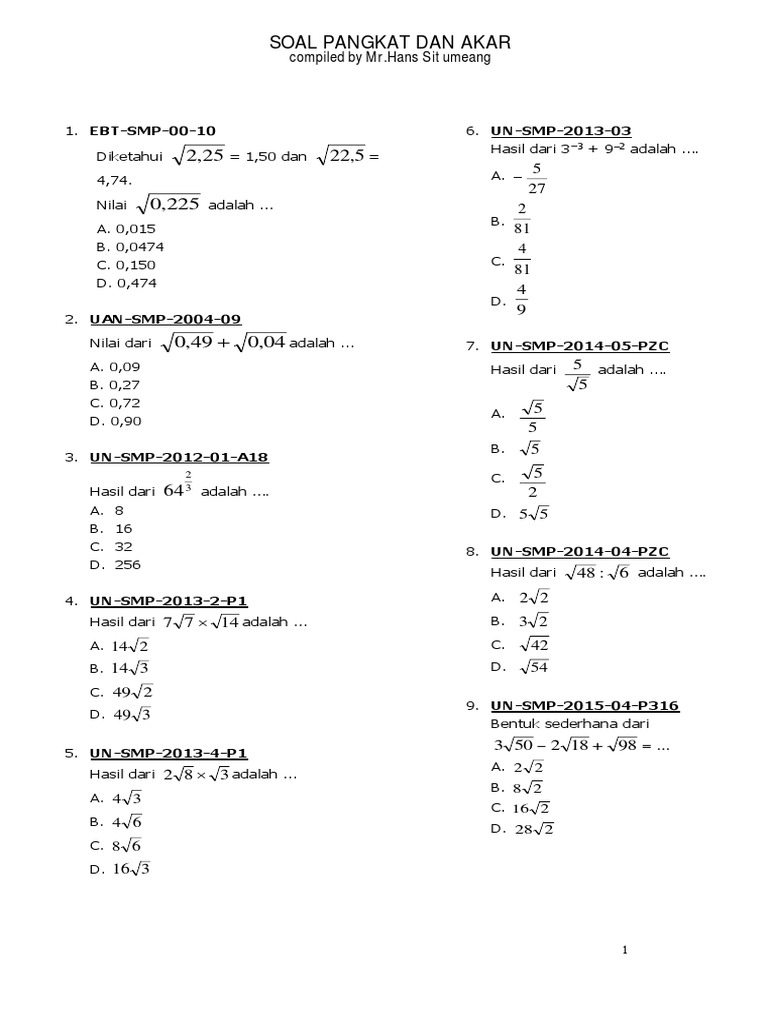 Soal Akar dan Pangkat Kelas 9 | PDF