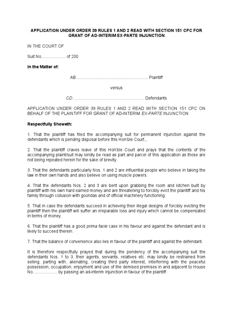 Application Under Order 39 Rules 1 and 2 Read With Section 151 CPC For Grant of Ad-Interim Ex ...