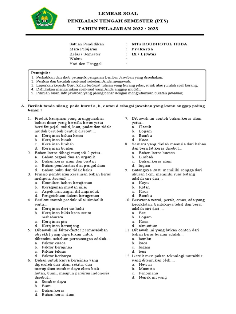 Soal PTS Prakarya Ganjil Kelas 9 2022 | PDF