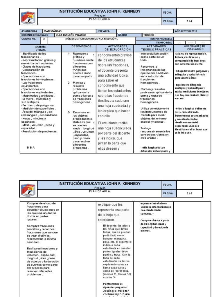 Plan de Aula de Matematicas, Grado Tercero, Tercer Periodo | PDF