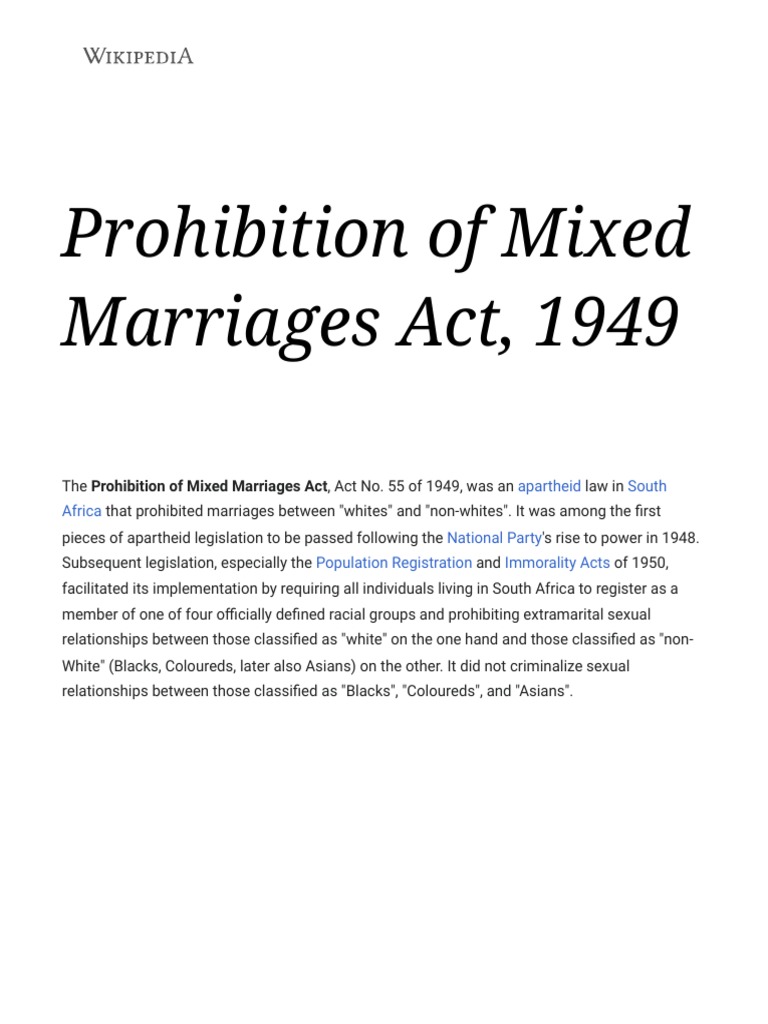 Prohibition of Mixed Marriages Act 1949 | PDF | Race And Law | Justice