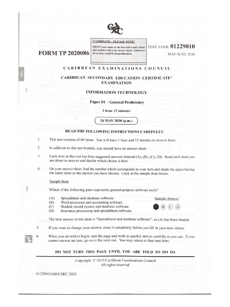 IT CSEC P1 June 2020 (Answers) | PDF