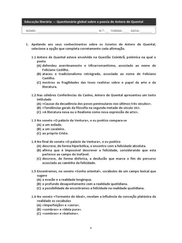 Questionário sobre Sonetos de Antero de Quental | PDF