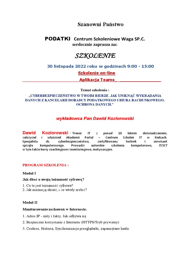 Program Szkolenia 30.11.2022 R. Dawid Koziorowski | PDF Program Szkolenia 30.11.2022 R. Dawid Koziorowski | PDF