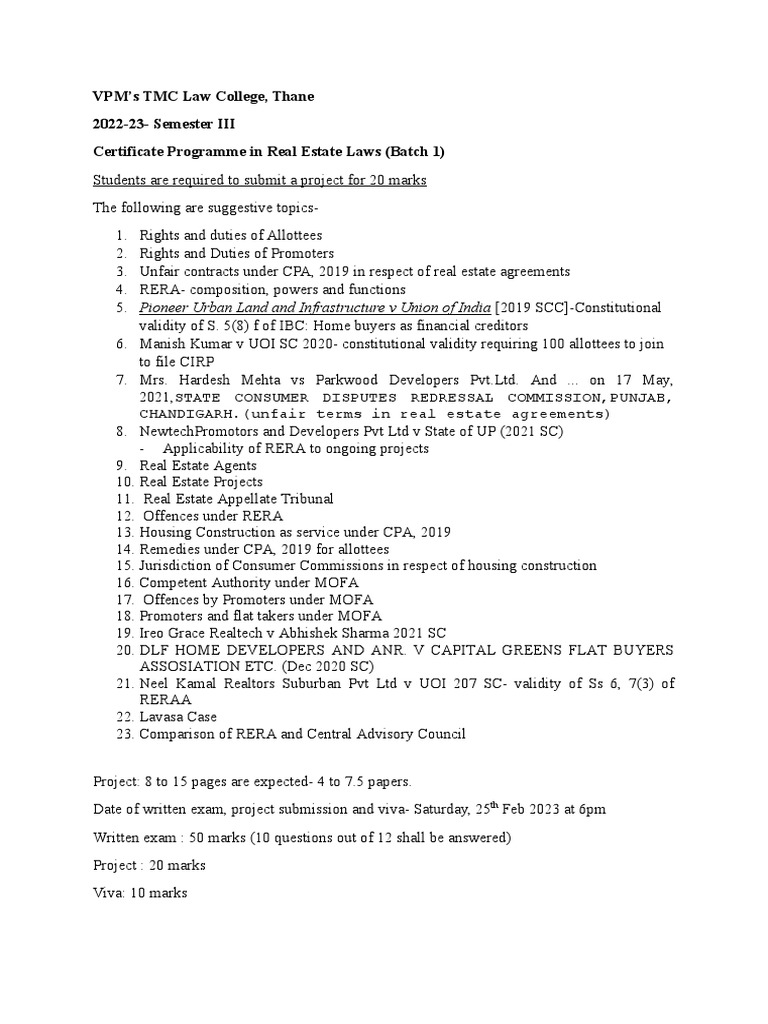 Real Estate Laws Project Topics 2022-23 | PDF