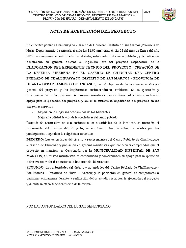 Acta Aceptacion Del Proyecto | PDF | Economias Acta Aceptacion Del Proyecto | PDF | Economias
