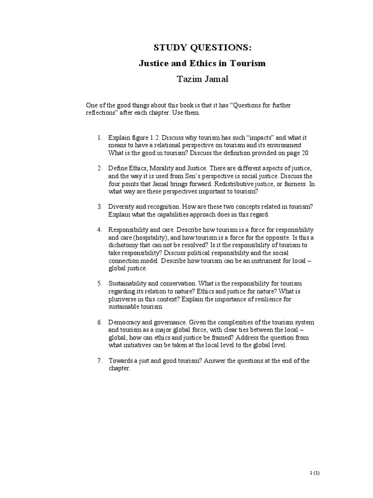 STUDY QUESTIONS - Justice and Ethics in Tourism | PDF
