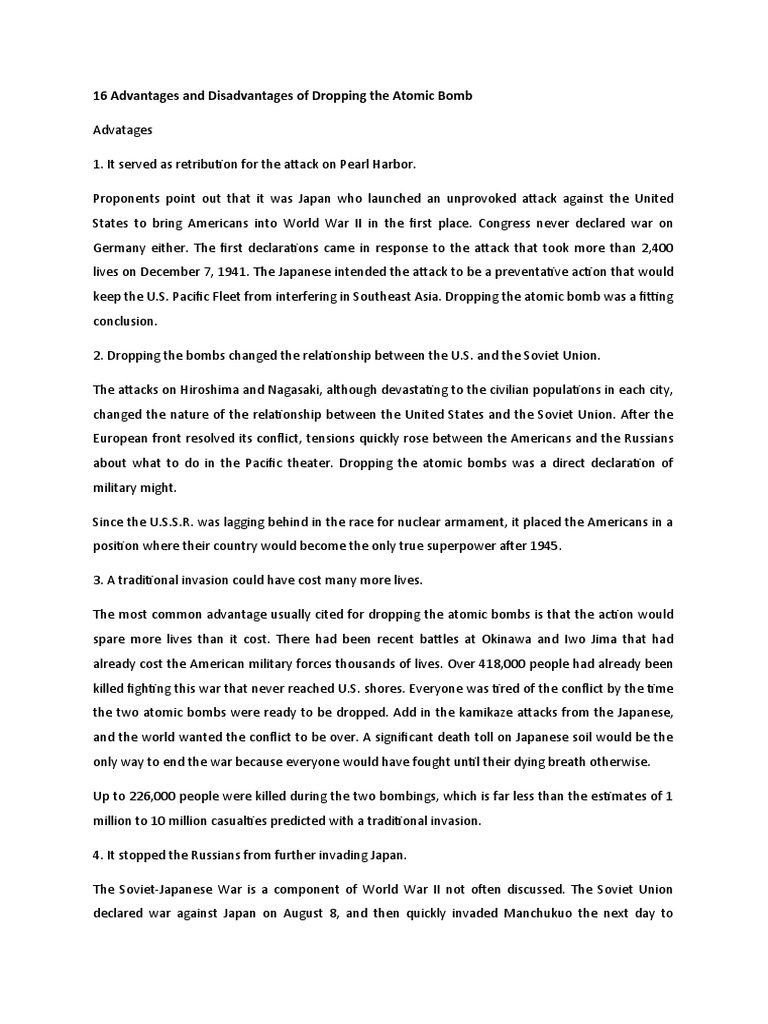 Pros and Cons of the Atomic Bomb | PDF | Atomic Bombings Of Hiroshima ...