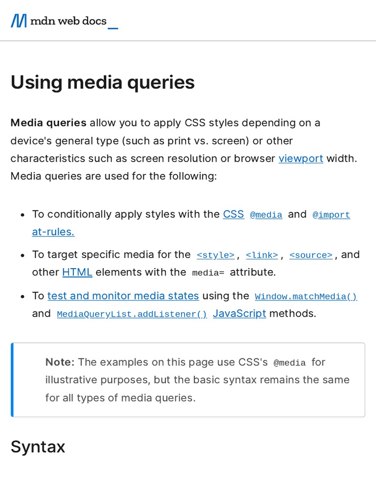 22 Using Media Queries - CSS - Cascading Style Sheets - MDN | PDF | World Wide Web | Internet & Web