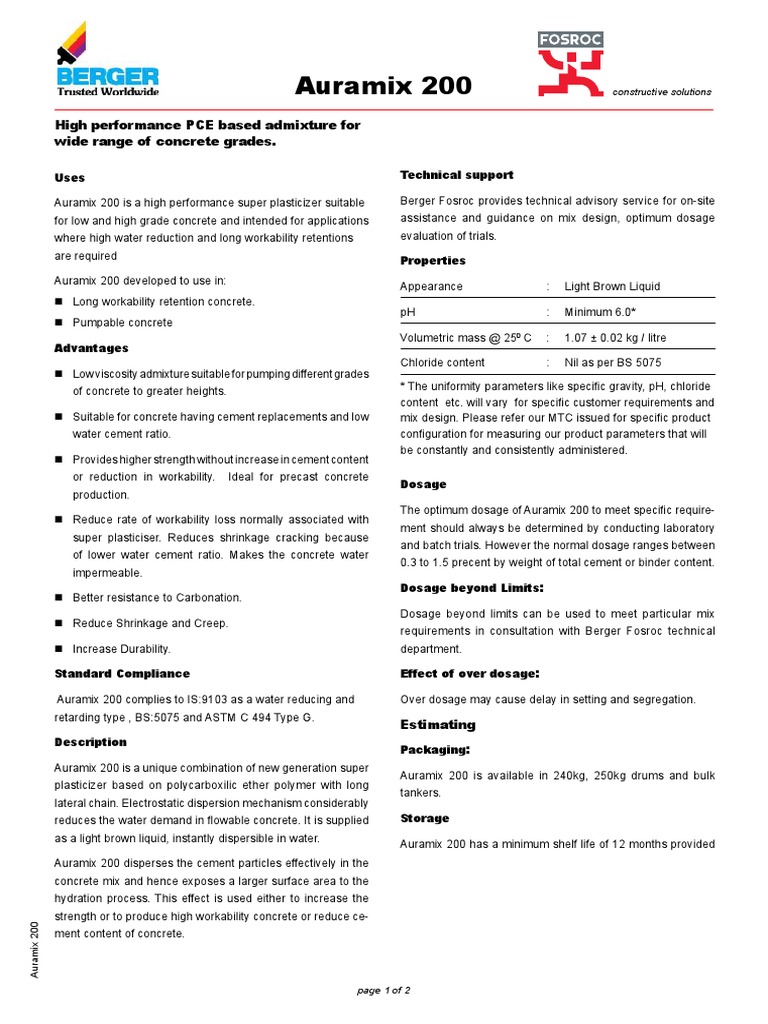 TDS Auramix 200 BFL | PDF | Concrete | Cement