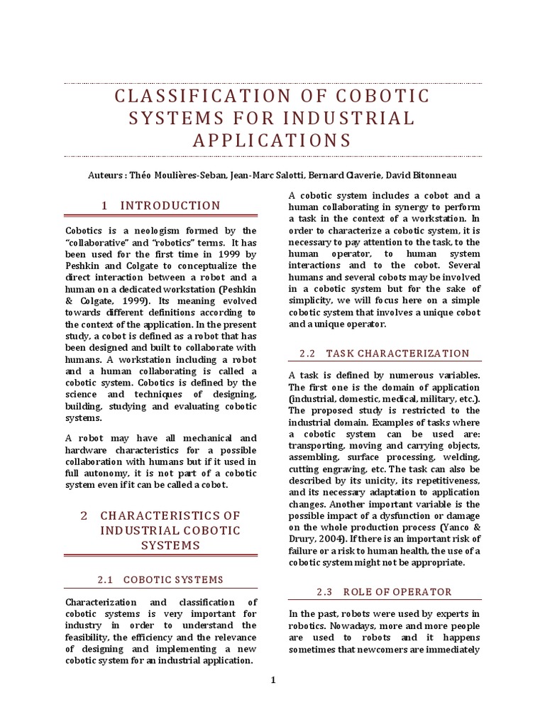 Clasification of Cobotic System For Industrial Aplications-Moulieres | PDF | Robotics | Robot