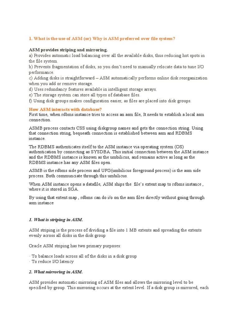 ASM Provides Striping and Mirroring.: 1. What Is The Use of ASM (Or) Why Is ASM Preferred Over ...