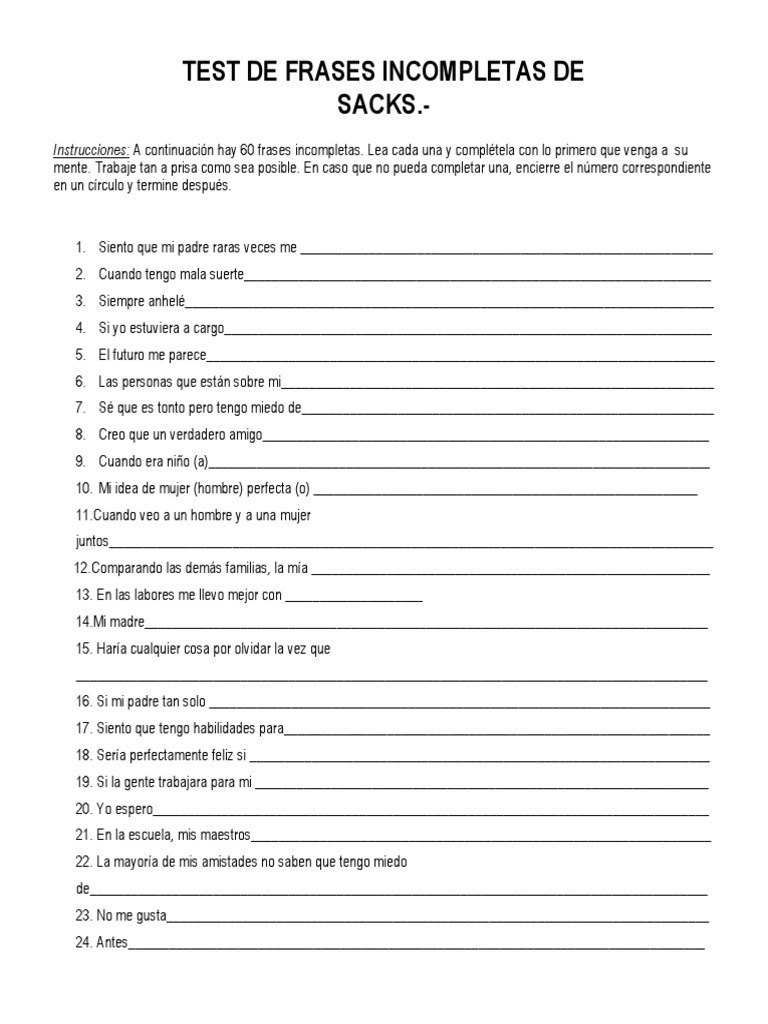 Test Frases Incompletas Sacks | PDF | Las emociones