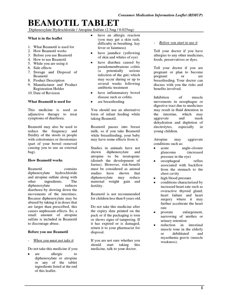 Beamotil Tablet Information Leaflet | PDF | Diarrhea | Health Care