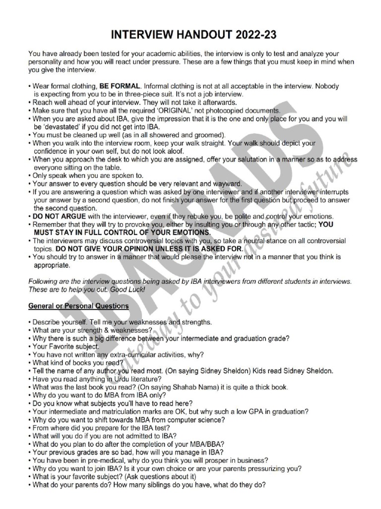 JPG Iba Bba-Bs Interview Handout 2022-23 | PDF