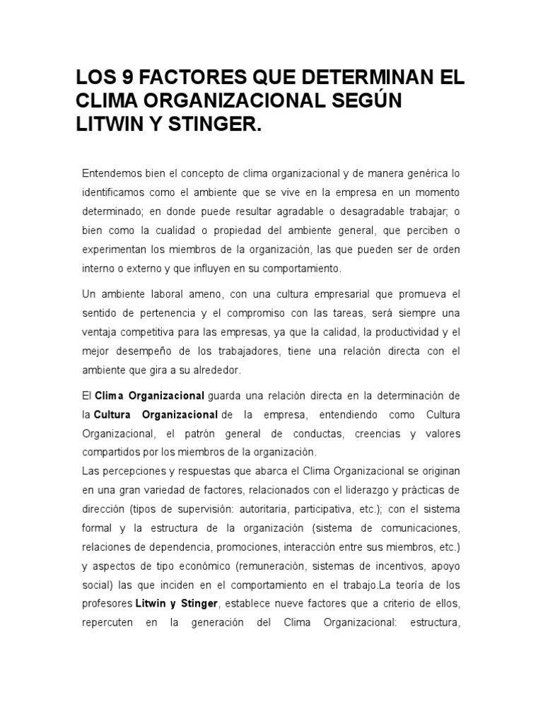 Los 9 Factores Que Determinan El Clima Organizacional Según Litwin y ...
