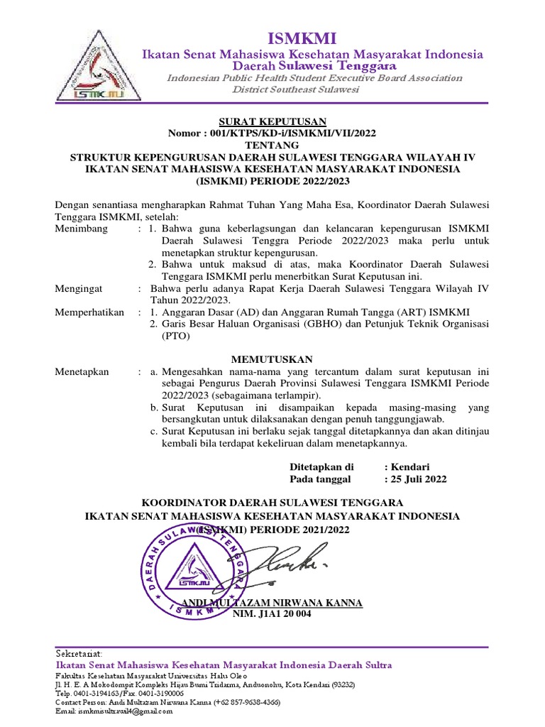 001-Ktps-Struktur Kepengurusan Ismkmi Daerah Sultra 2021-2022. | PDF