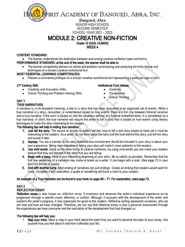 CREATIVE NONFICTION Module 2 Week 4 | PDF | Essays | Narrative