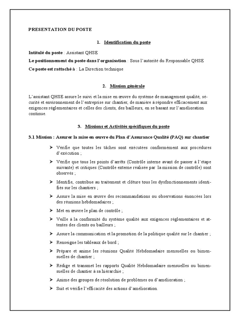 Fiche de Poste Assistant Qhse | PDF | Sécurité | Business