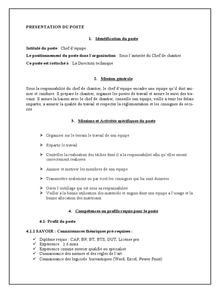 Fiche de Poste Chef D'equipe | PDF