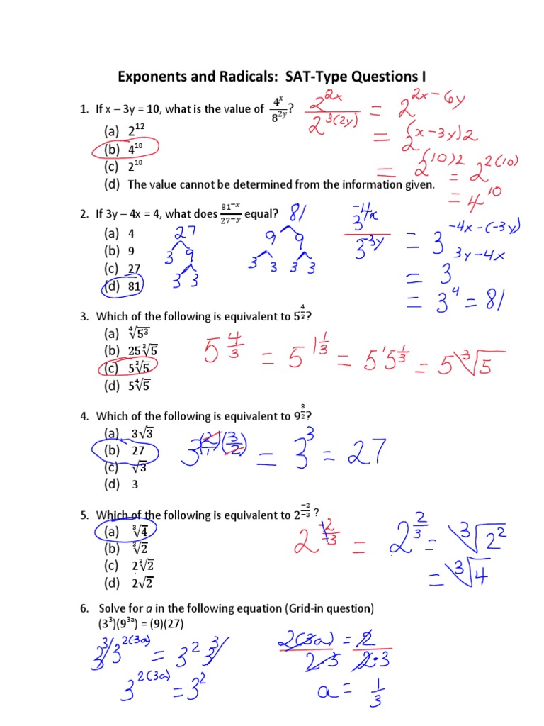 Exponent and Radicals SAT-Type Questions I Solutions | PDF