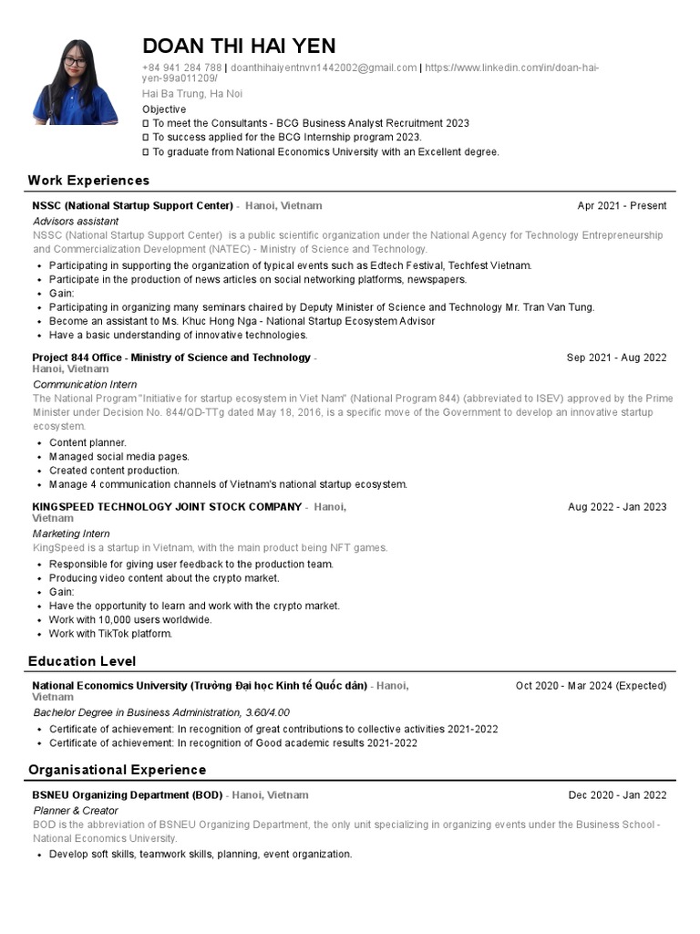 DoanYen Resume | PDF | Vietnam | Hanoi