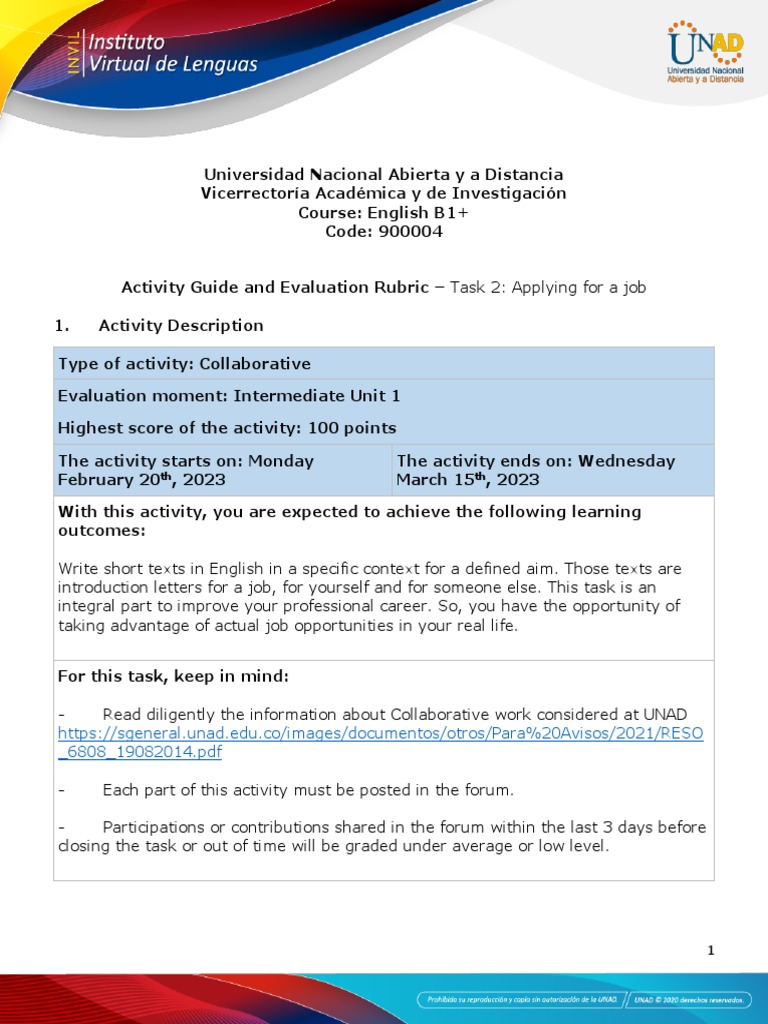 Activities Guide and Evaluation Rubric - Unit 1 - Task 2 - Applying For A Job | PDF | Rubric ...