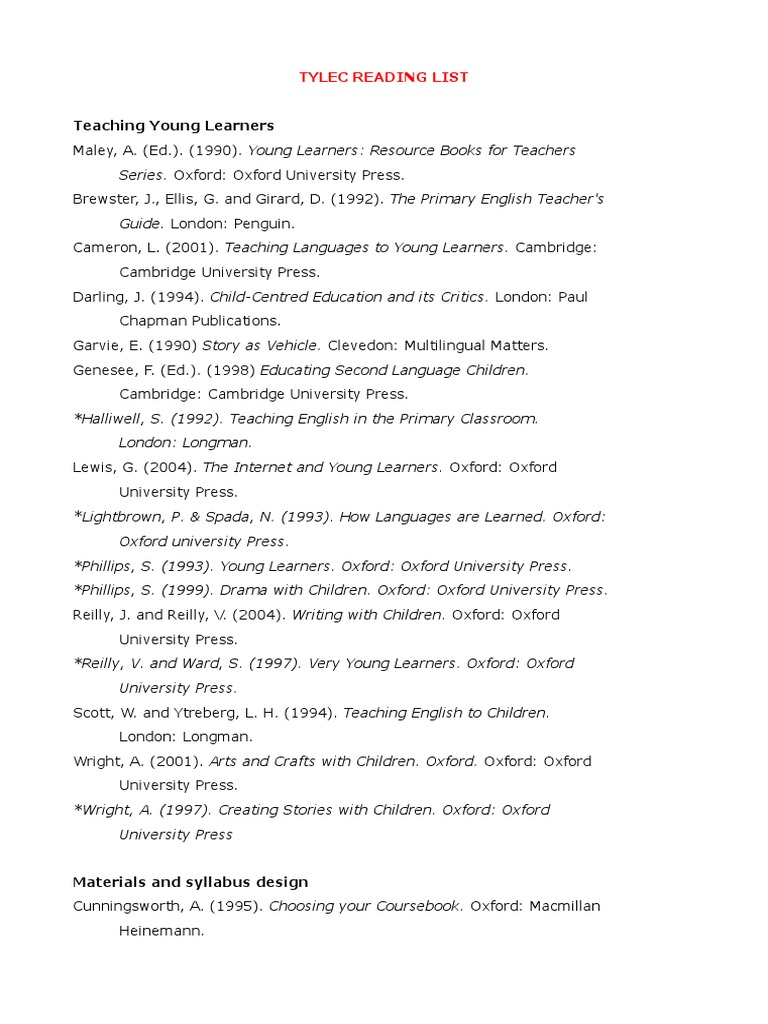 TYLEC Reading List for Young Learners | PDF